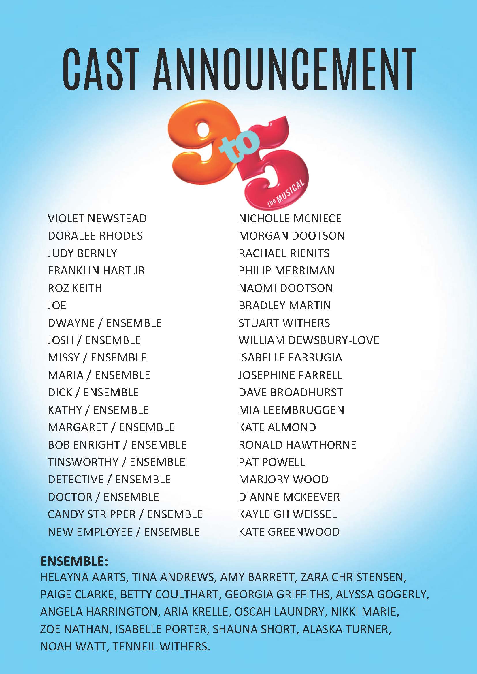 9 to 5 Cast Announcement – Albatross Musical Theatre Company